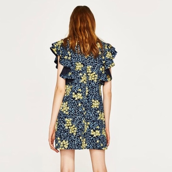 Zara | Dresses | Zara Blue And Yellow Floral Ruffle Sleeve Dress | Poshmark